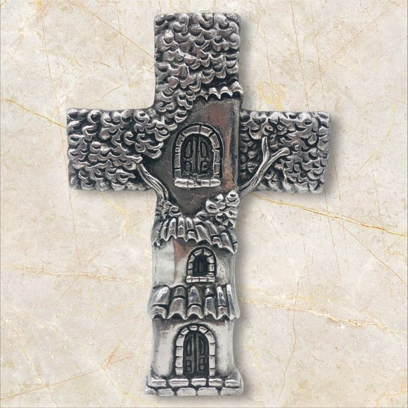 Accents | Rustic Metal Wall Cross Tree House Cottage Design Silver Tone ...